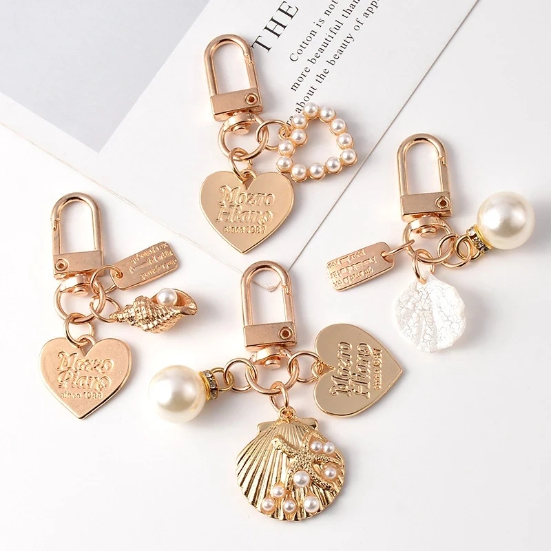 Creative Gold Shiny Heart Shell Pearl Key Chain Bag Ornament Women ...