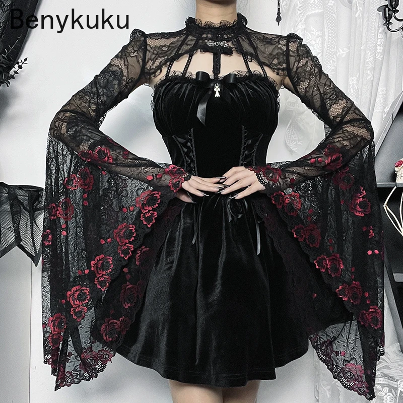 Women-Gothic-Style-Red-Floral-Lace-Cover-Up-Cropped-Top-Shawl-Bolero ...