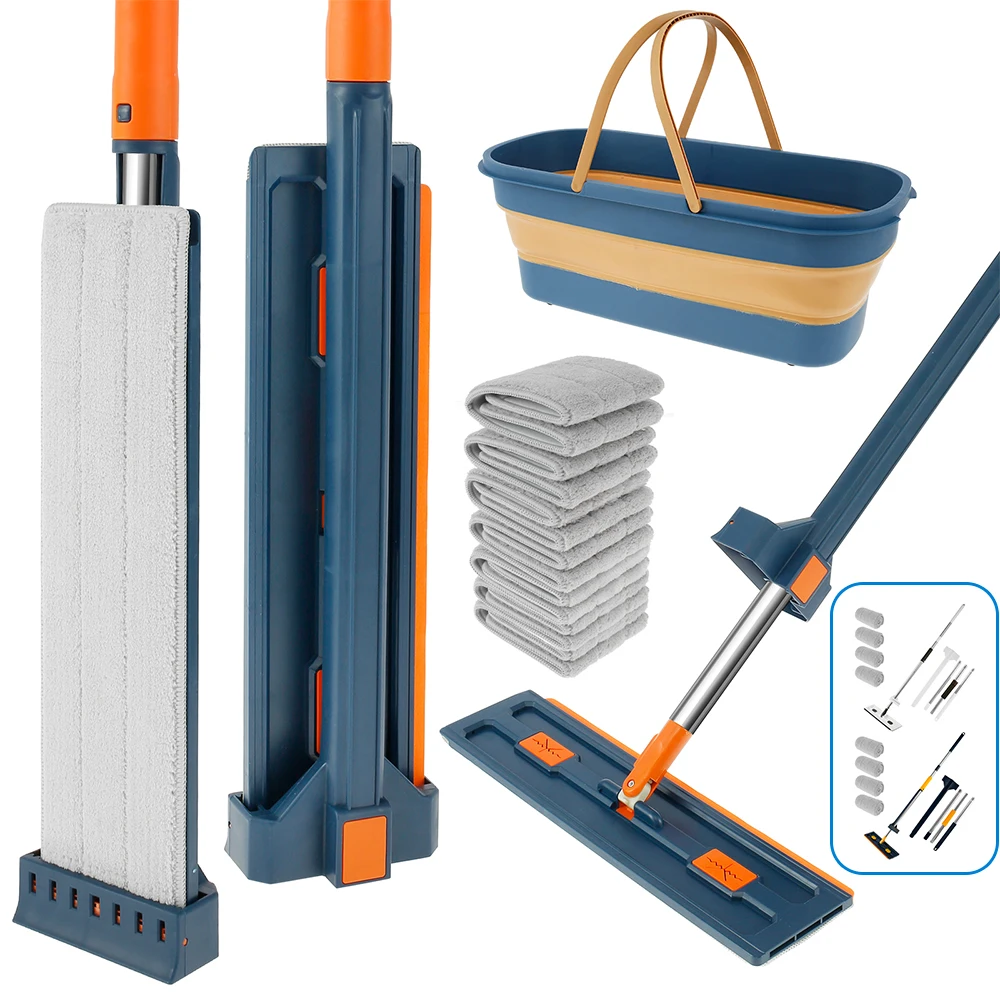 Juego-de-fregona-plana-y-cubo-plegable-mopa-de-microfibra-giratoria-de ...