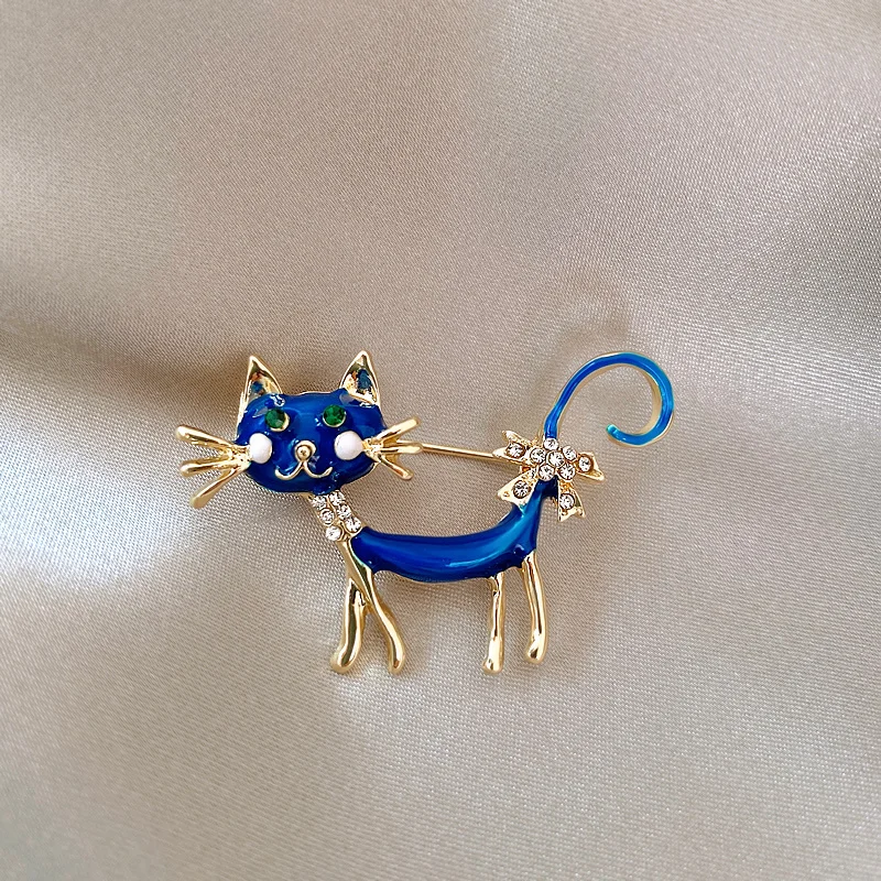 New Cute Blue Cat Brooch Korean Rhinestone Brooches For Women Gold ...
