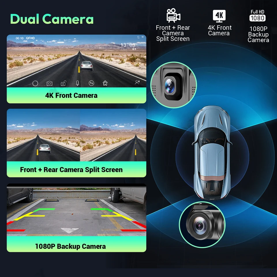 2K Front And Rear Dash Camera XGODY 10" 2K Dash Cam With Rear Camera ...