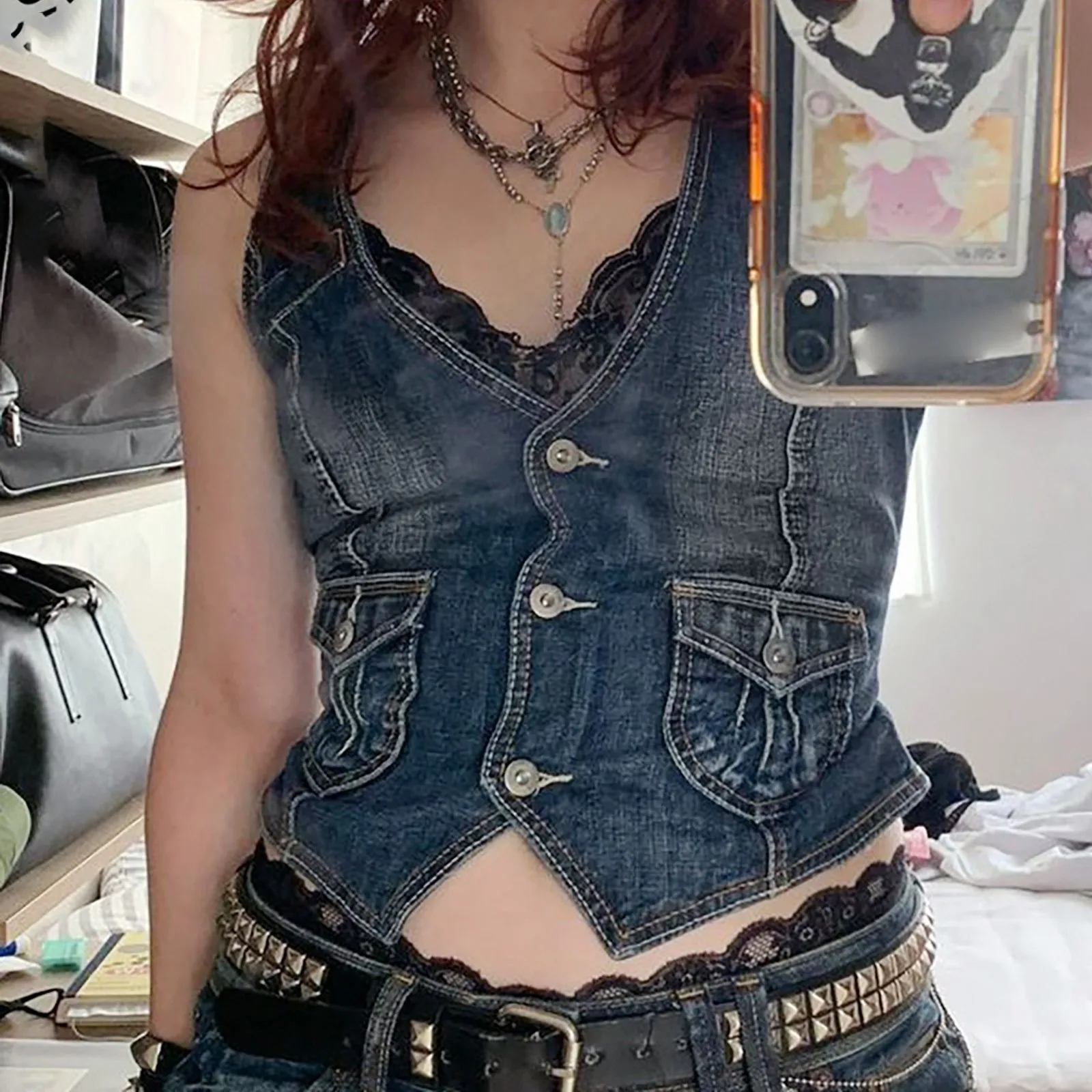Y2k Denim Crop Jacket Vest Jeans Corset Top Buttons V Neck Vintage ...