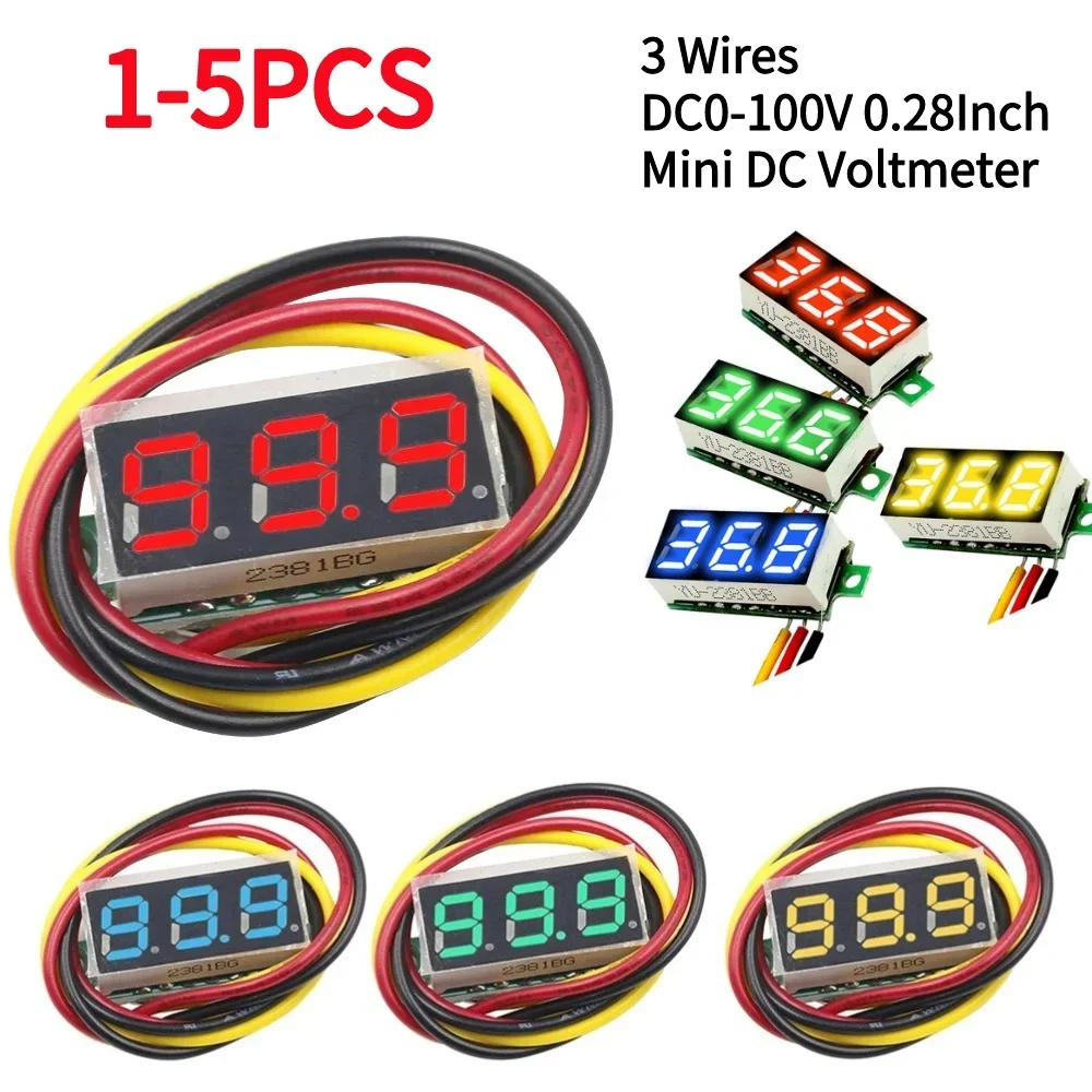 3 Wires Digital Voltmeter LED Screen 0.28 Inch Gauge Tester Red/Blue ...