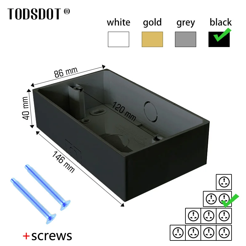 Black 146 x 86 x 40 mm Wall Surface Mount Switch Socket Box with Screws ...