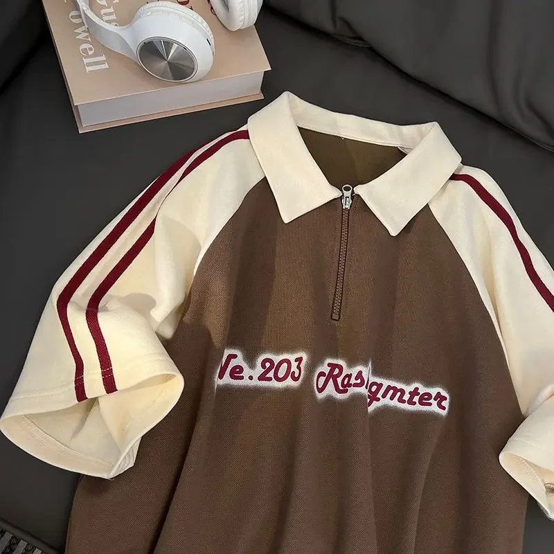 American-Retro-Stripe-Color-Block-Letter-Graphic-T-shirt-Printed-Polo ...