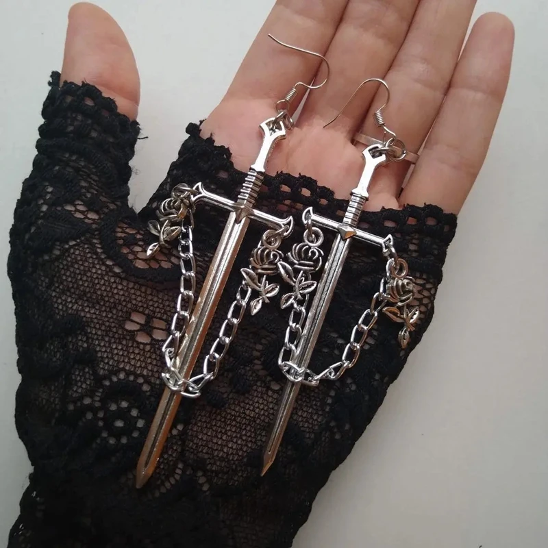 Gothic-Sword-Earrings-with-Roses-and-Chains-Statement-Dagger-Earrings-Jewelry-Fantasy-Goth ...