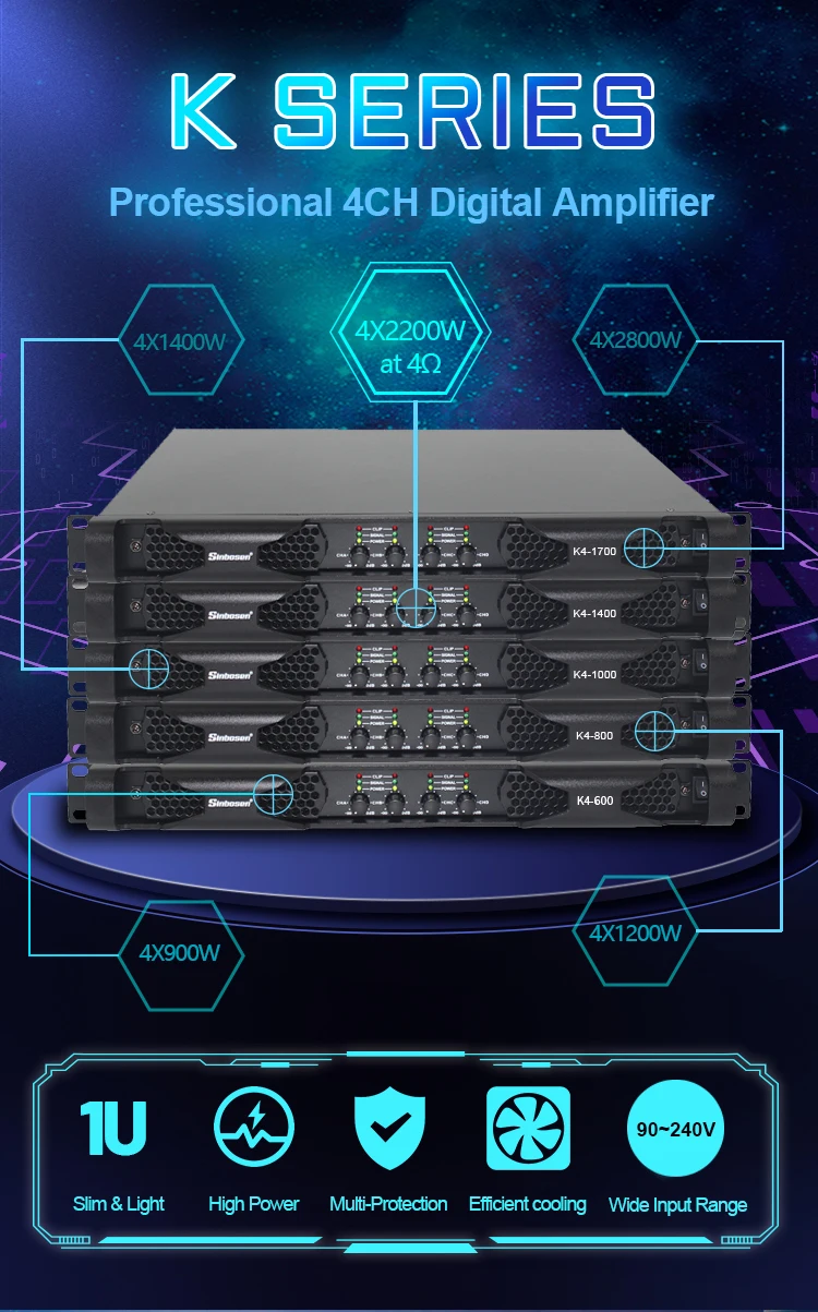 Sinbosen dj power amplifier Professional class d 4 channels 1400w 1u Digital K4-1400,4 Ohms Stable