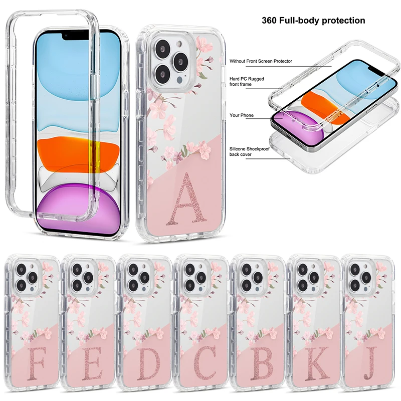 Pink Flowers Initial Letter A To Z Full Body Double Clear Cases For ...
