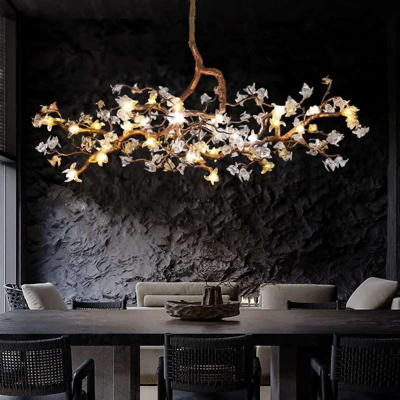 Retro Copper LED Chandeliers Chinese Style Tree Branch Suspension ...