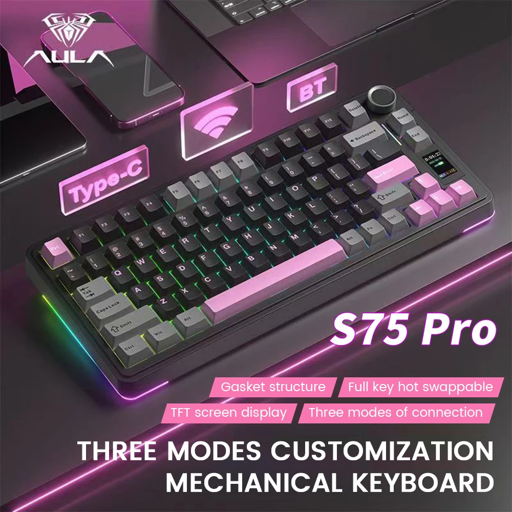 AULA S75 Pro Wireless Mechanical Keyboard 75% Hot Swappable RGB Backlit ...