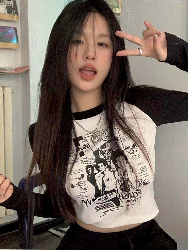 Y2k Black And White Stitching Contrast Color Cotton Printed Short Top ...