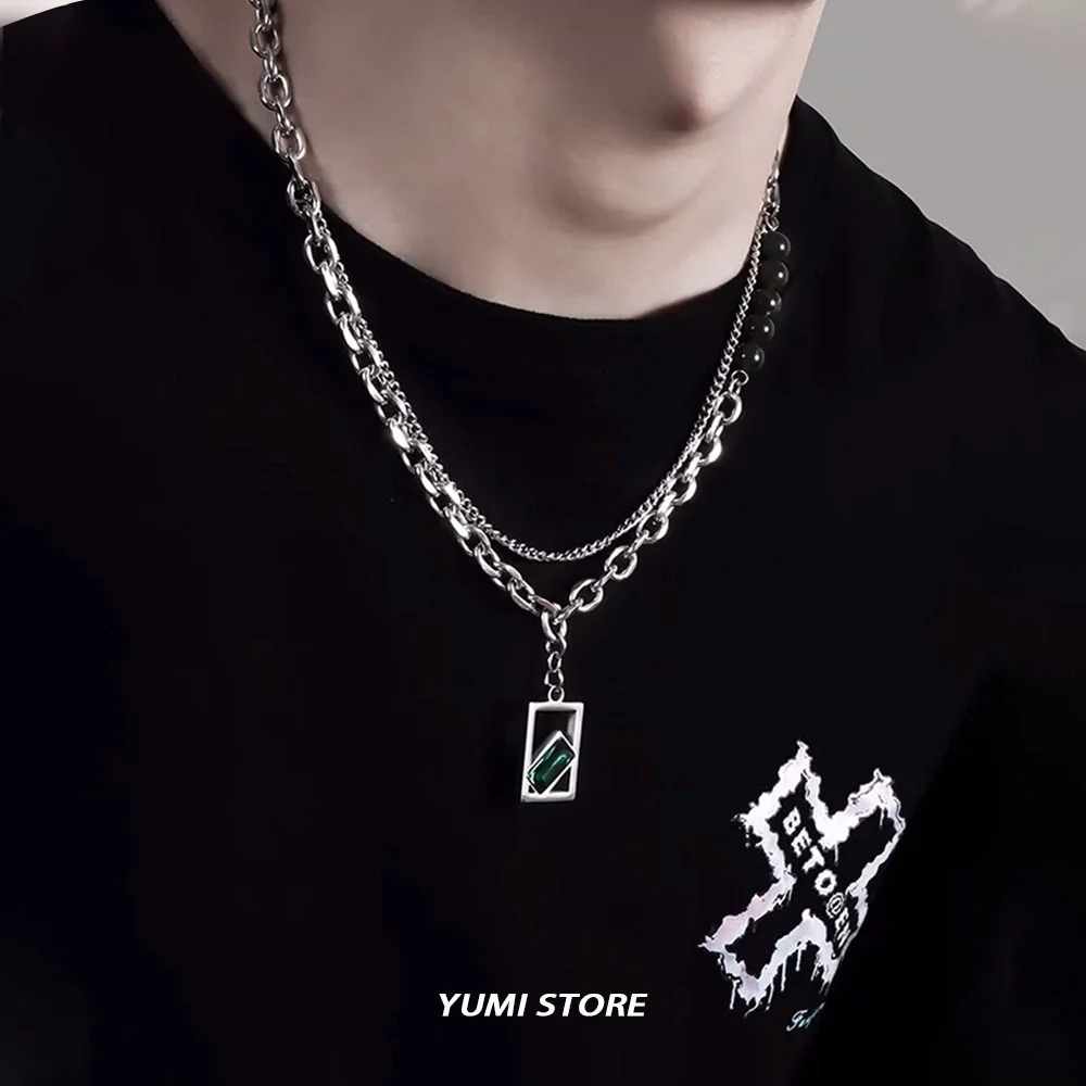 Titanium Steel Double Layer Green Zircon Necklace For Men Women Fashion ...