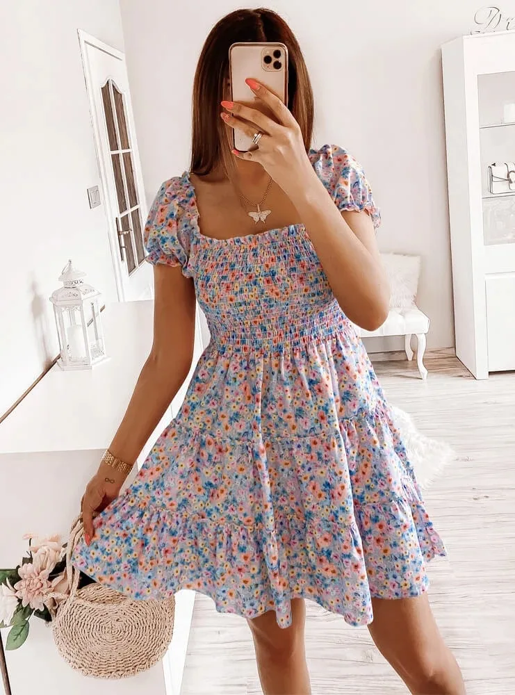Boho Elegant Small Square Neck Strapless Floral Print Mini Dresses