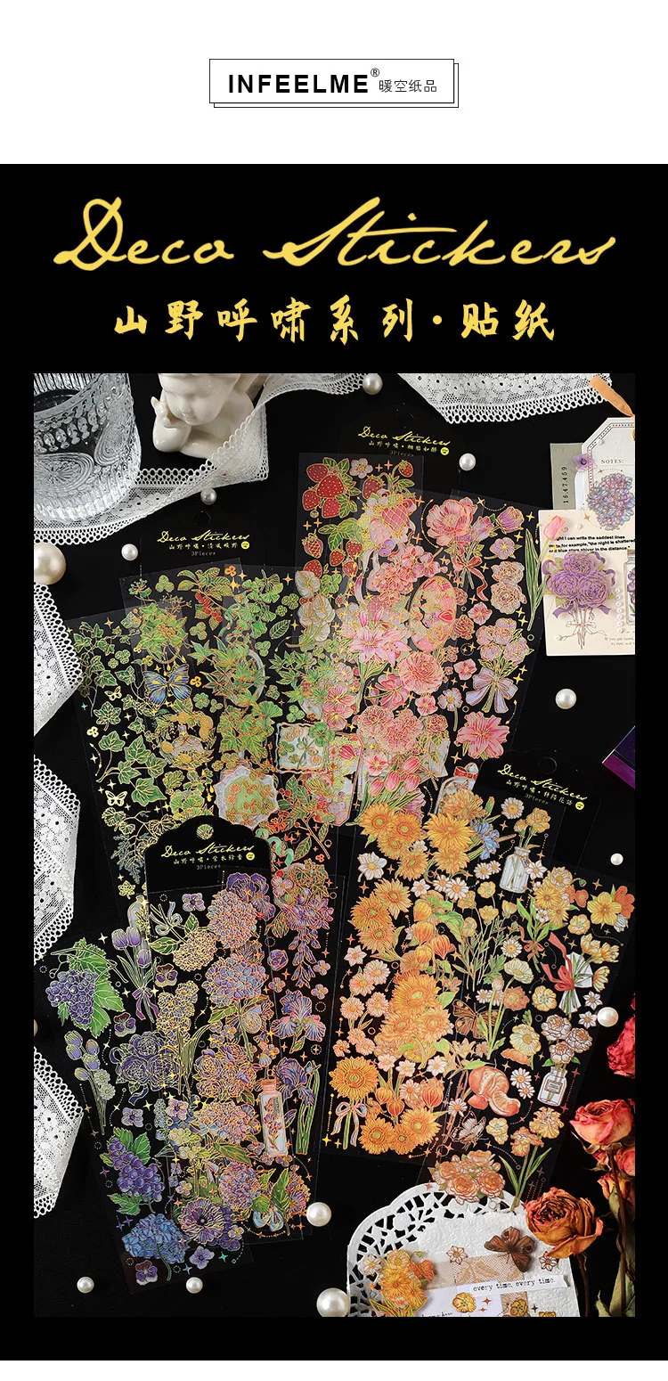 Gommette,Autocollants fleurs Fruits transparents, 3 feuilles ...