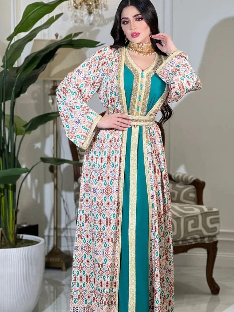Saudi Arab Party Dress Women Muslim Abaya Caftan 2 Piece Set Lace Up ...