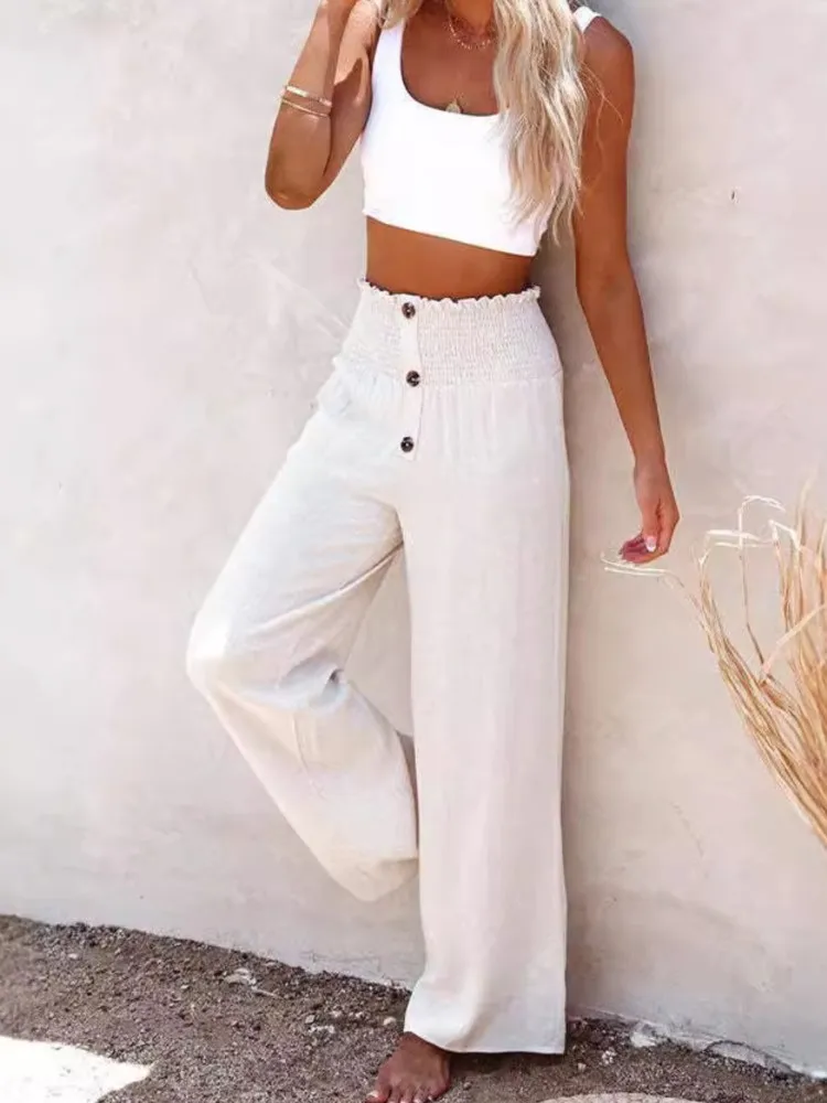 Women Casual Solid Long Pants Fashion High Waist Button Wide Leg Pants ...