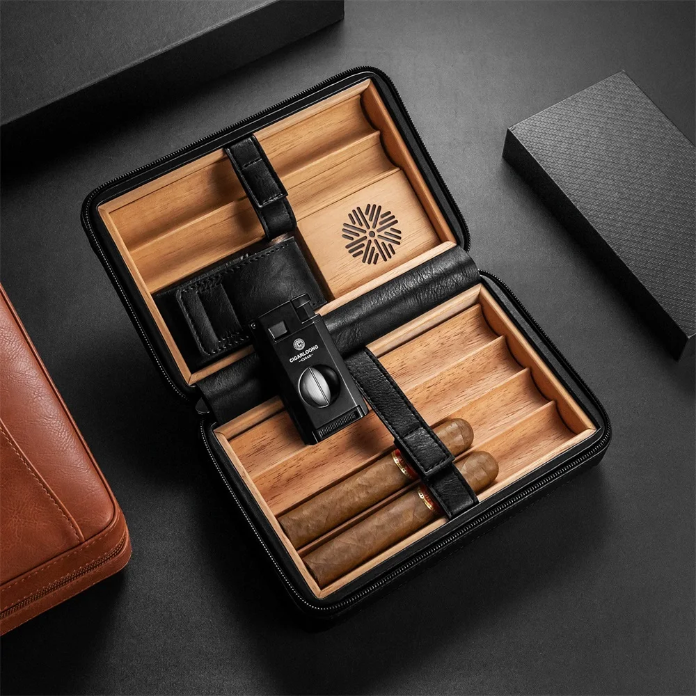Portable-Humidor-Cigar-Box-with-Double-Flame-Windproof-Lighter-Leather ...