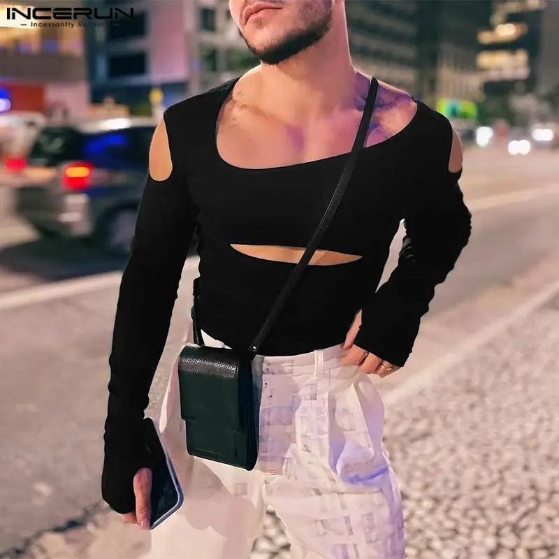 INCERUN-Fashion-Men-T-Shirt-Solid-Color-Off-Shoulder-Long-Sleeve-Hollow ...