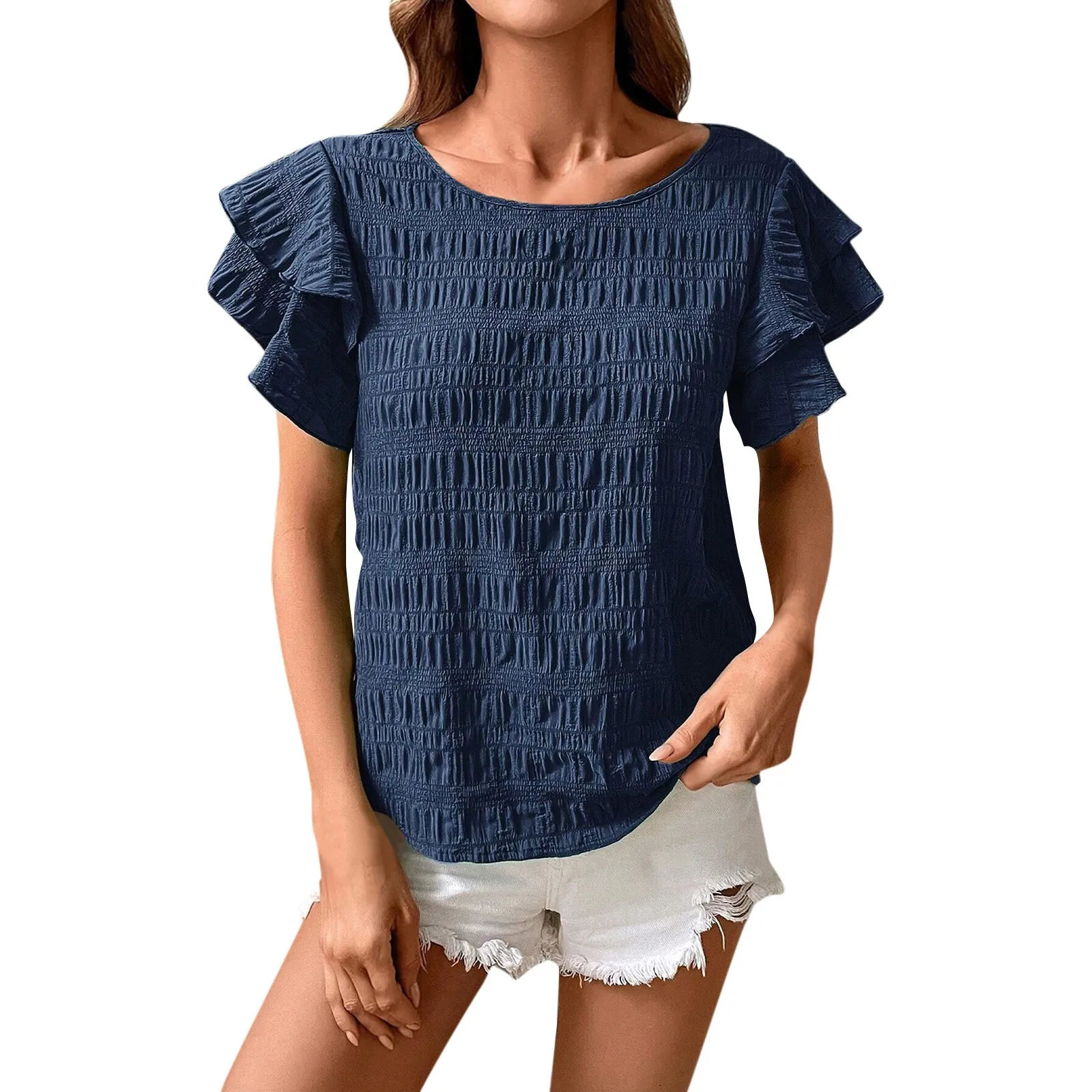 Women-S-Summer-Casual-Ruffle-Sleeve-Round-Neck-Pullover-Shirt-Solid ...