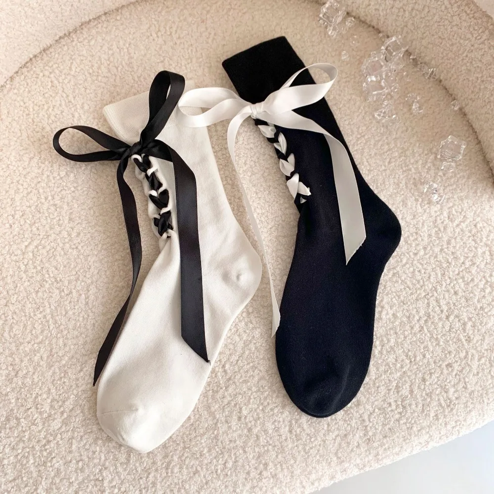 Spring-And-Summer-Niche-Design-Balletcore-Ribbon-Bow-Socks-Women-s-Mid ...