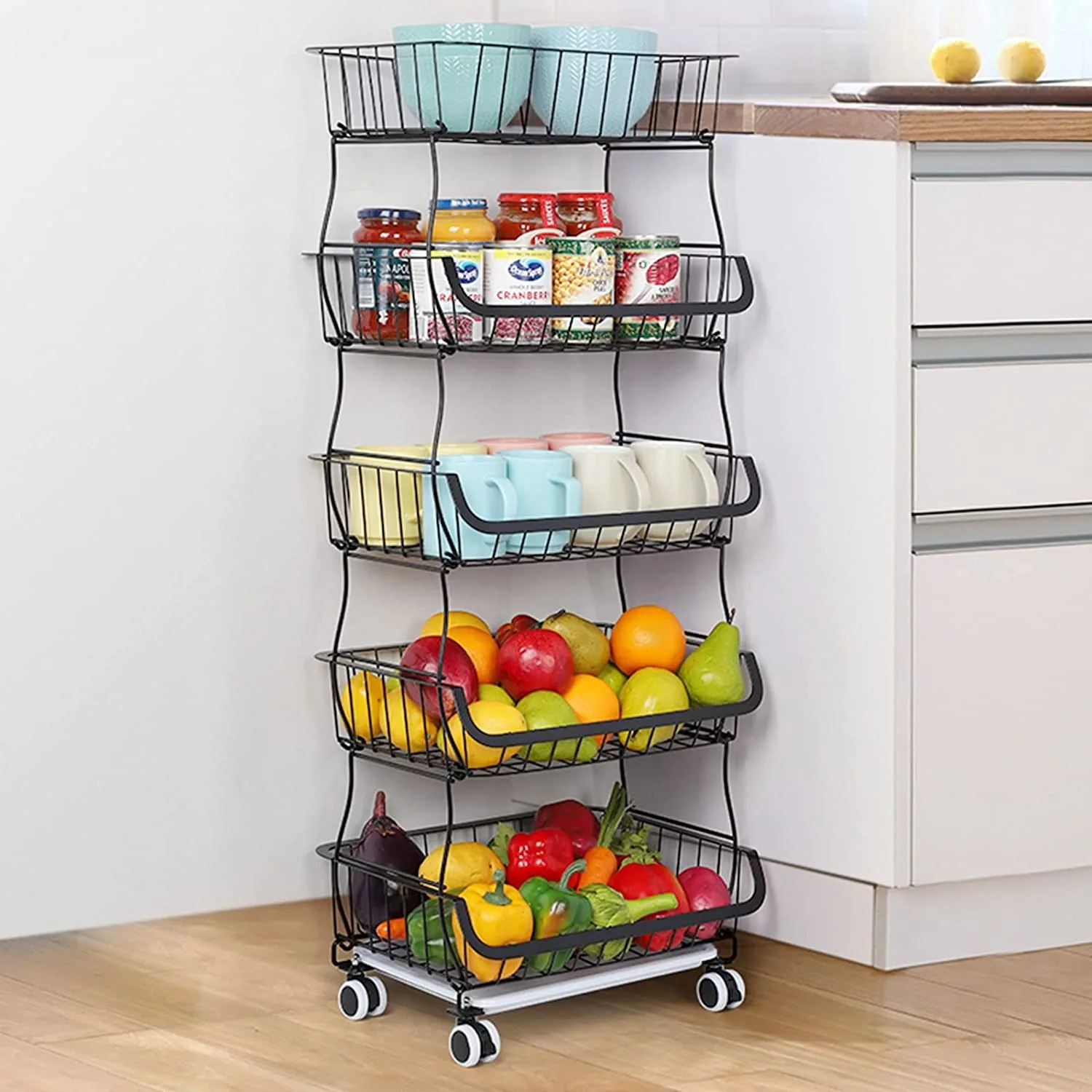 5 Tier Hanging Fruit Basket Stand, Stacakble Produce Storage Carts on ...