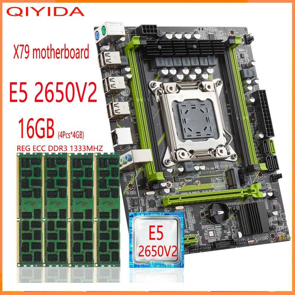 Qiyida X79 Placa-mãe Com Xeon E5 2650 V2 4 Pces X 4gb = 16gb Ddr3 1333 ...