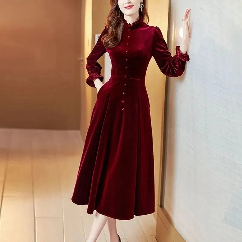 Wine-Red-Golden-Velvet-Dress-Women-Spring-Autumn-Long-Sleeved-Long ...