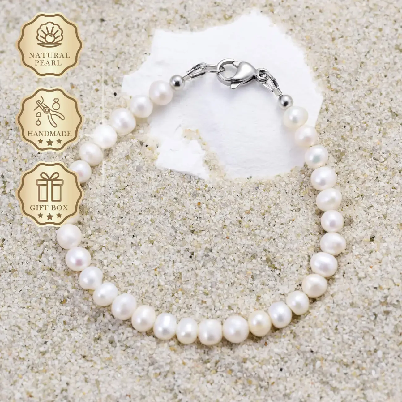 MYSOYA Natural White Freshwater Pearl Bracelet 5–6mm with Silver ...