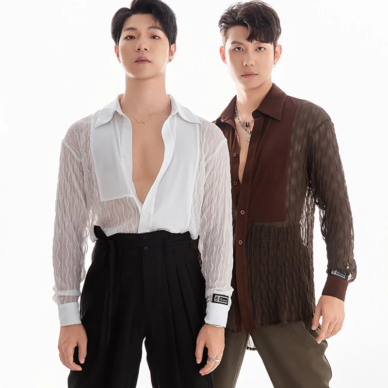 2024 New Mesh Long Sleeved Shirts Latin Dance Tops For Men Adult ...