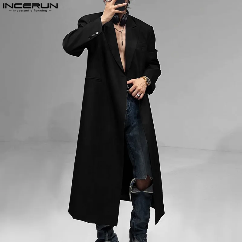 INCERUN-Men-Trench-Solid-Streetwear-Coats-Lapel-One-Button-Long-Sleeve ...