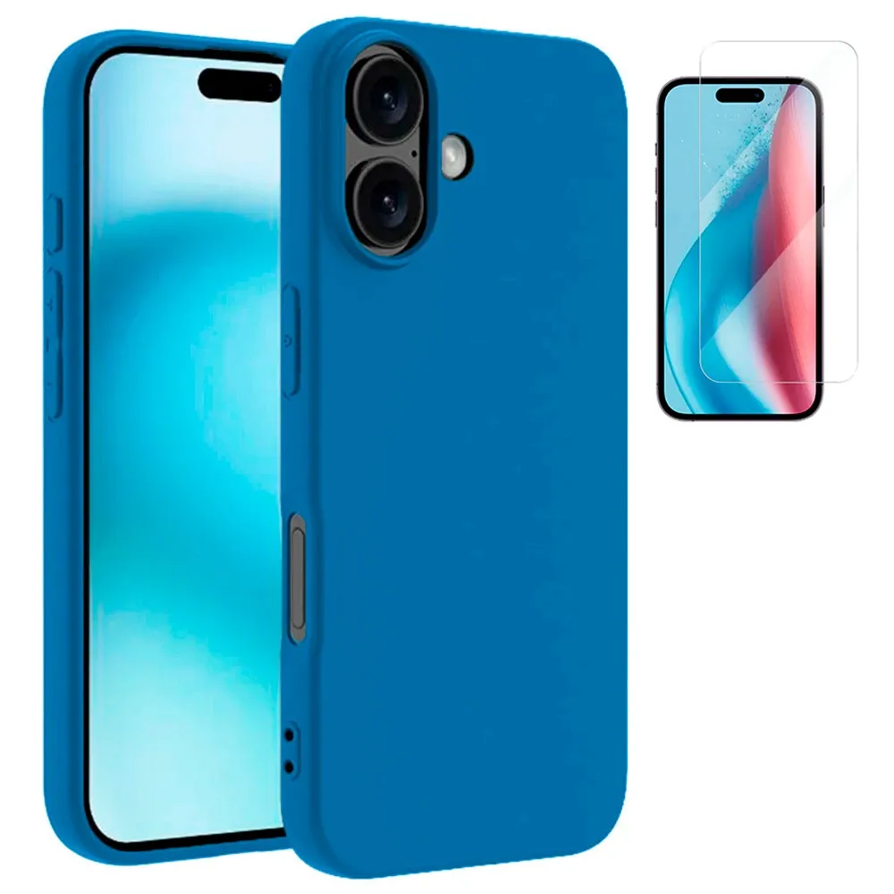 Case for iPhone 16 (6.1) Blue Tpu Smooth Silicone Premium Gel + 9H ...