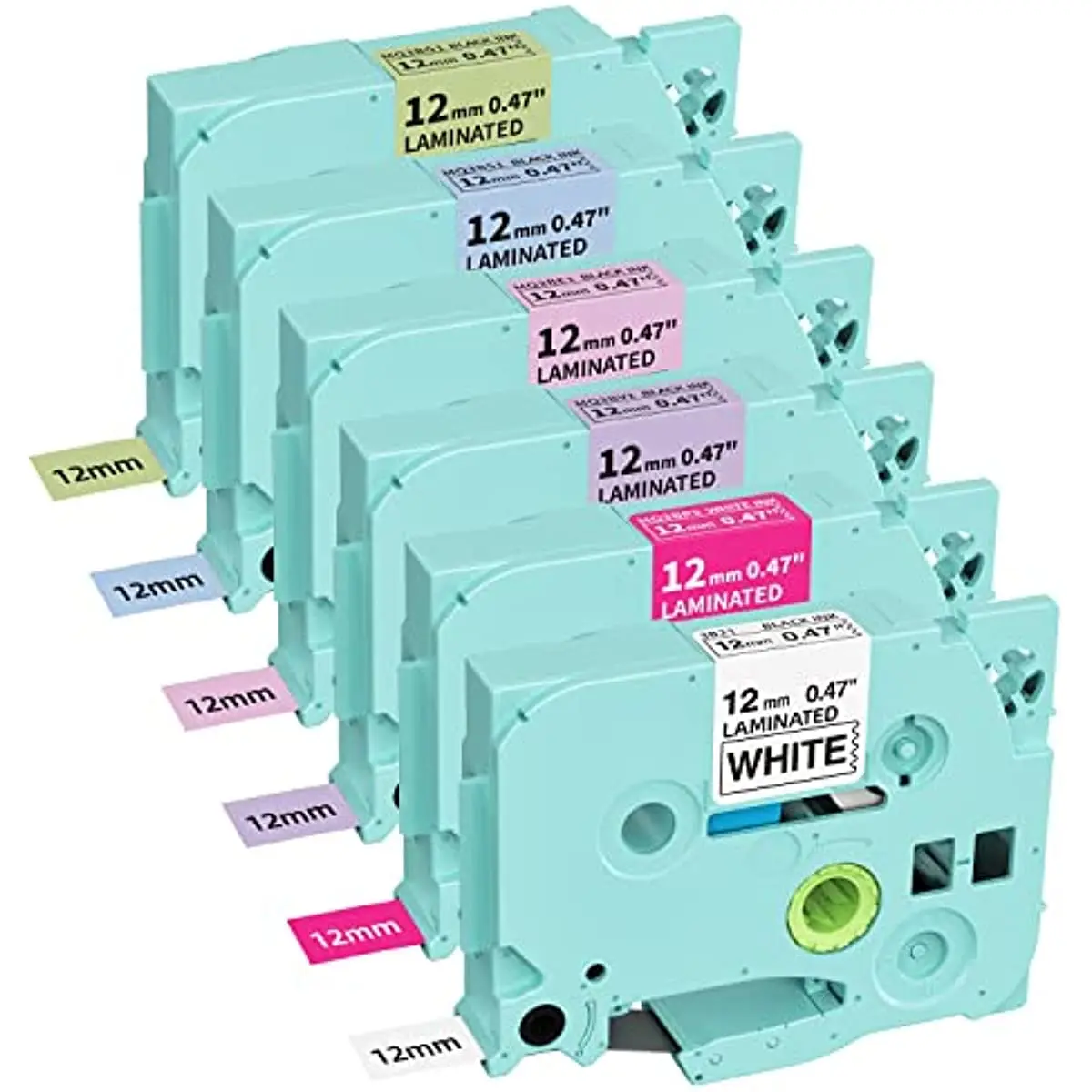 6-Pack-Color-Label-Tape-12mm-for-P3200-Laminated-Label-Tape-Black-on ...