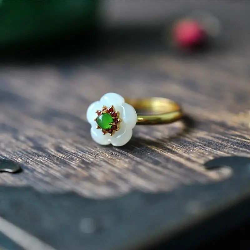 S925-Sterling-Silver-Flowers-Ring-Inlaid-Natural-Hetian-Jade-Plum-Ring ...
