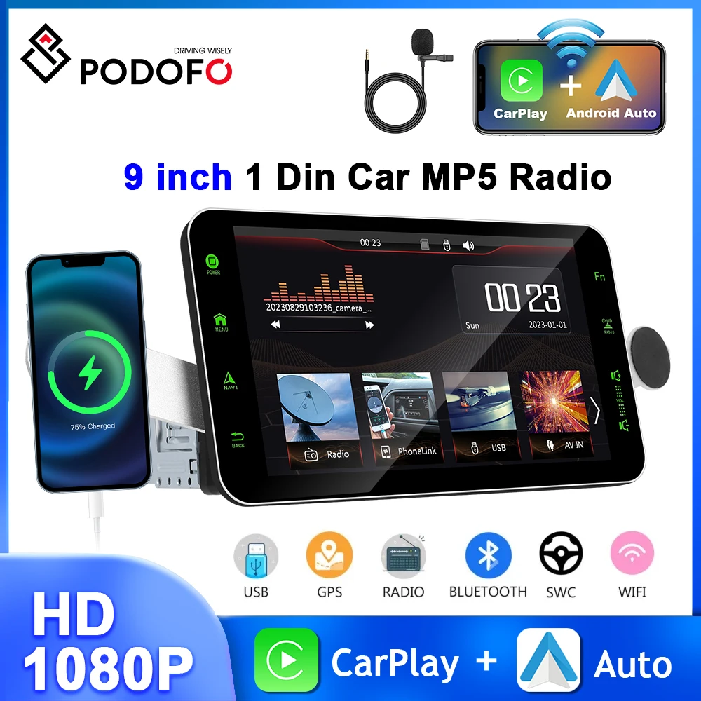 Podofo 1din Car Radio 9inch MP5 Player Multimedia Player Carplay Android Auto Mirror Link EQ ...