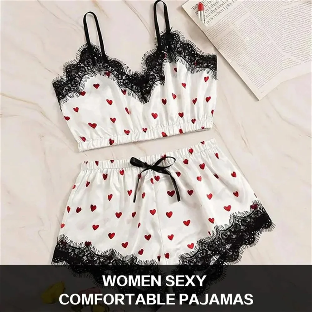 2PCS Pajama Suit Women Fashion V-Neck Stretch Satin Lace Sexy Lingerie ...