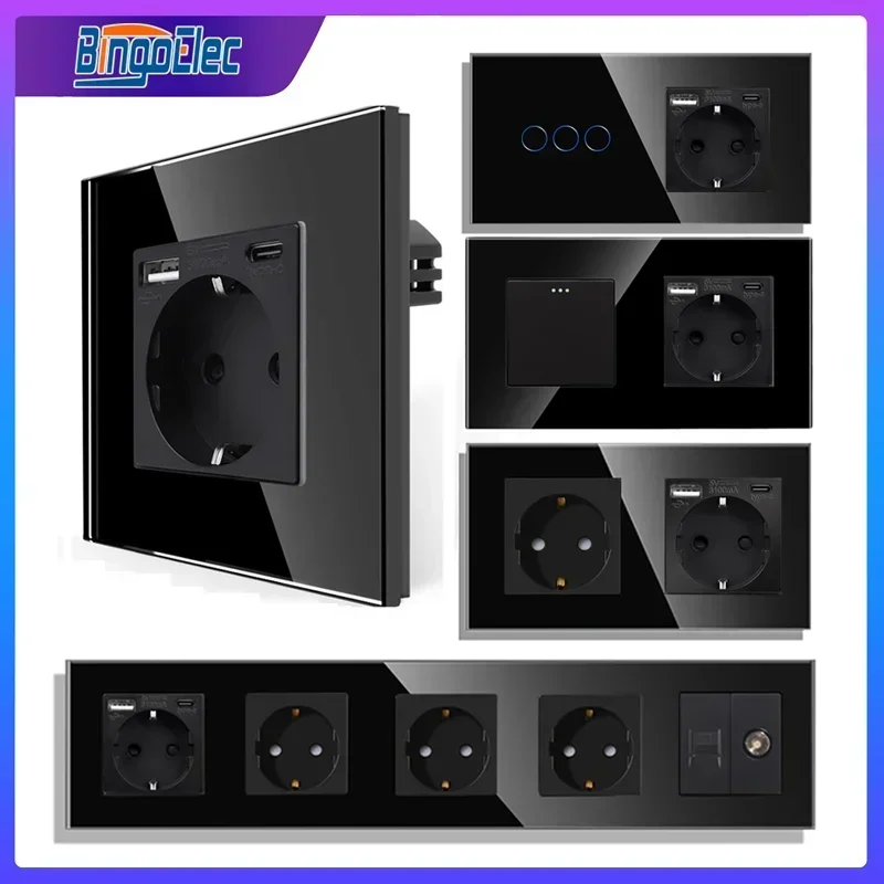 EU-Standard-Wall-Socket-with-USB-Type-c-Light-Switch-Black-Crystal ...