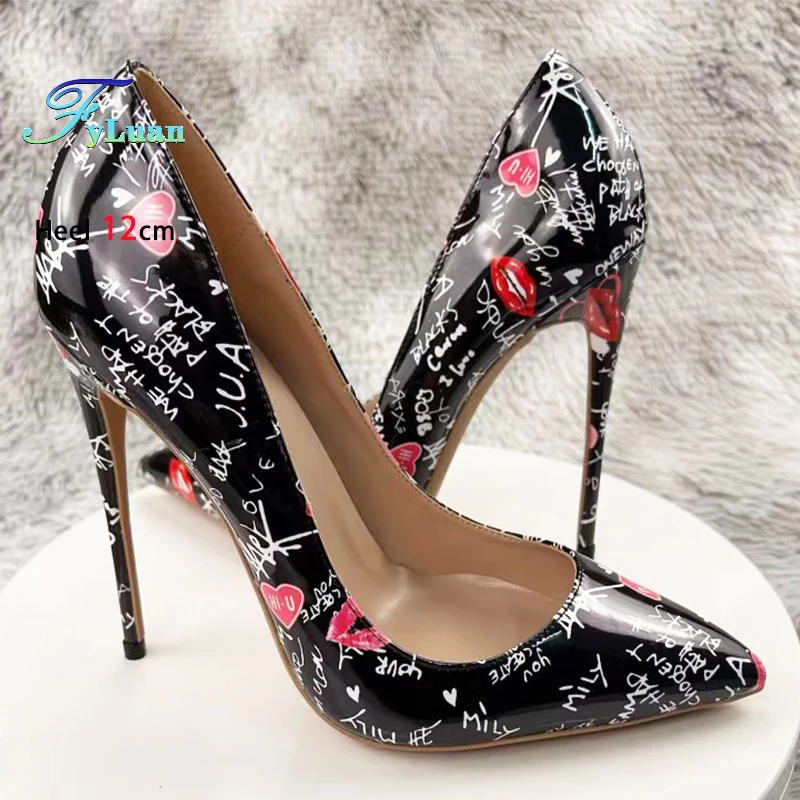 Graffiti Print Pointed Toe High Heel Shoes Plus Size 45 Pumps Thin Heel ...