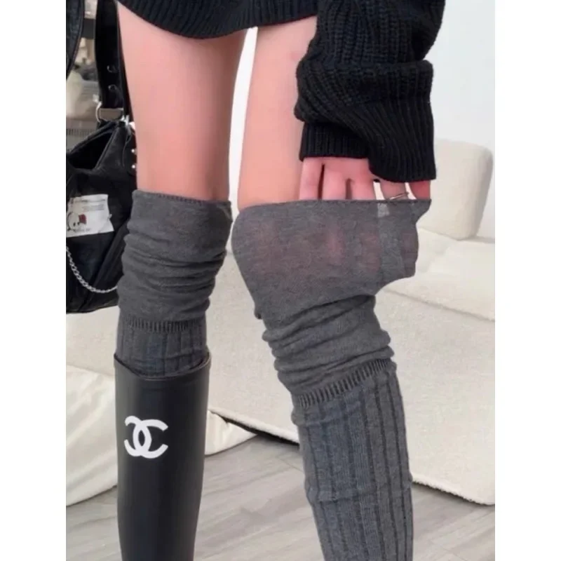 Premium Grey Long Tube Socks Women's Boot Sock Niche Idle Style Solid ...