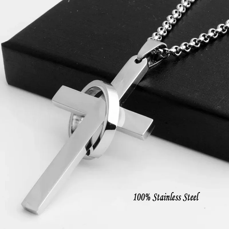 Simple-Cross-With-Circle-Pendant-Necklaces-Stainless-Steel-Chain-Christ ...