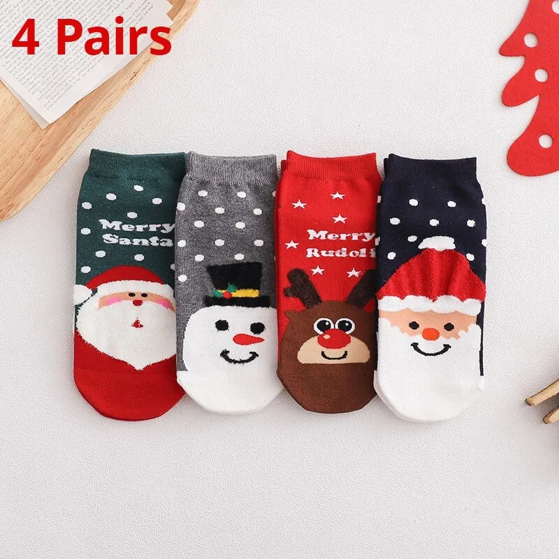 4-Pairs-Of-Autumn-And-Winter-Christmas-Socks-Feather-Yarn-Santa-Cartoon ...