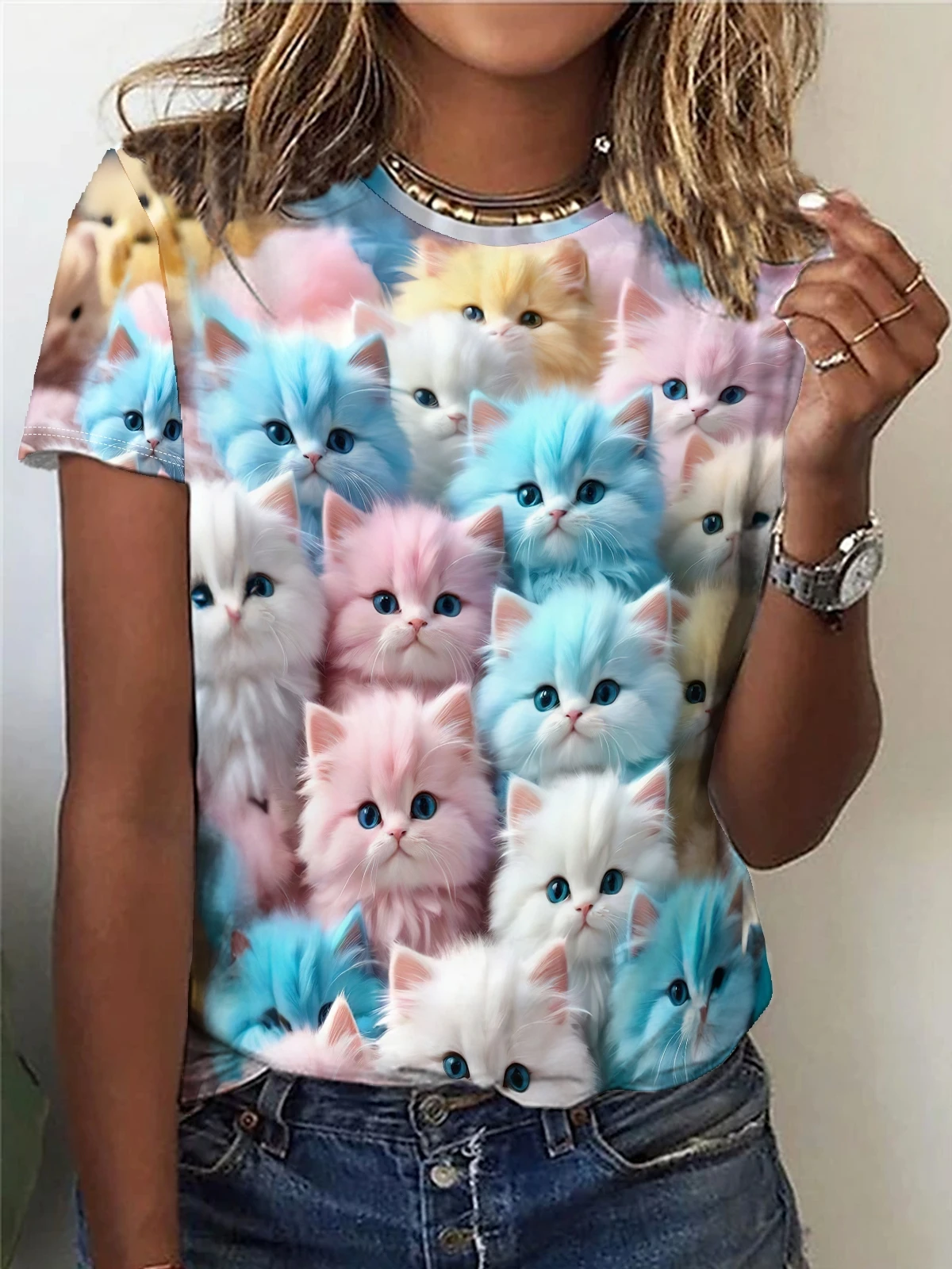 Lots-of-cat-print-crew-neck-T-shirts-Casual-Crew-Neck-Short-Sleeve-Top ...