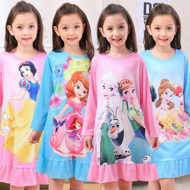 Summer Spring Girls Anna Elsa Olaf Princess Nightgown Pajamas Kids Long ...