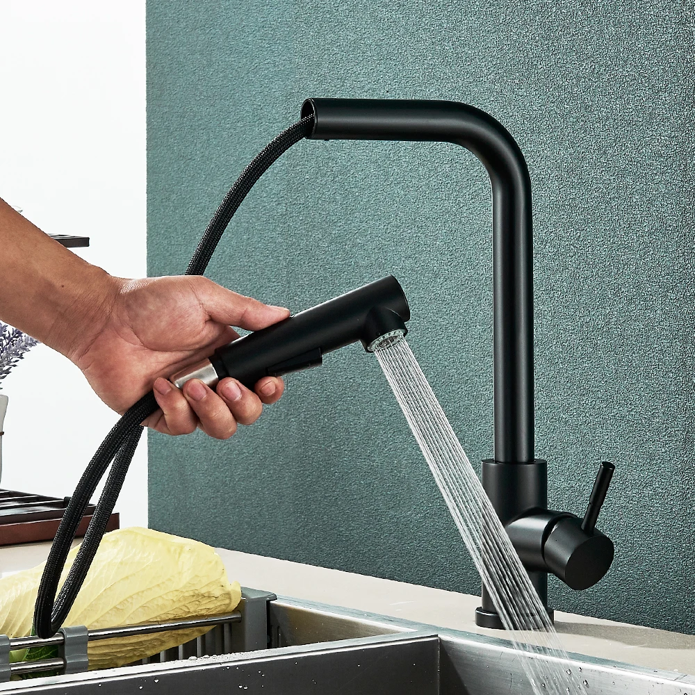 Black Flexible Pull Out Kitchen Faucet Stainless Steel 2 Modes Nozzle ...