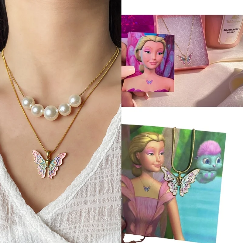 Barbie Butterfly Pearl Pendant Necklace Colorful Double Layer Sweater Choker Chains Birthday ...