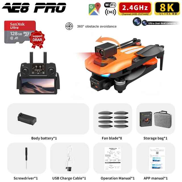 AE8 Pro Max Drone Brushless GPS Drone 360° Obstacle Avoidance Automatic ...