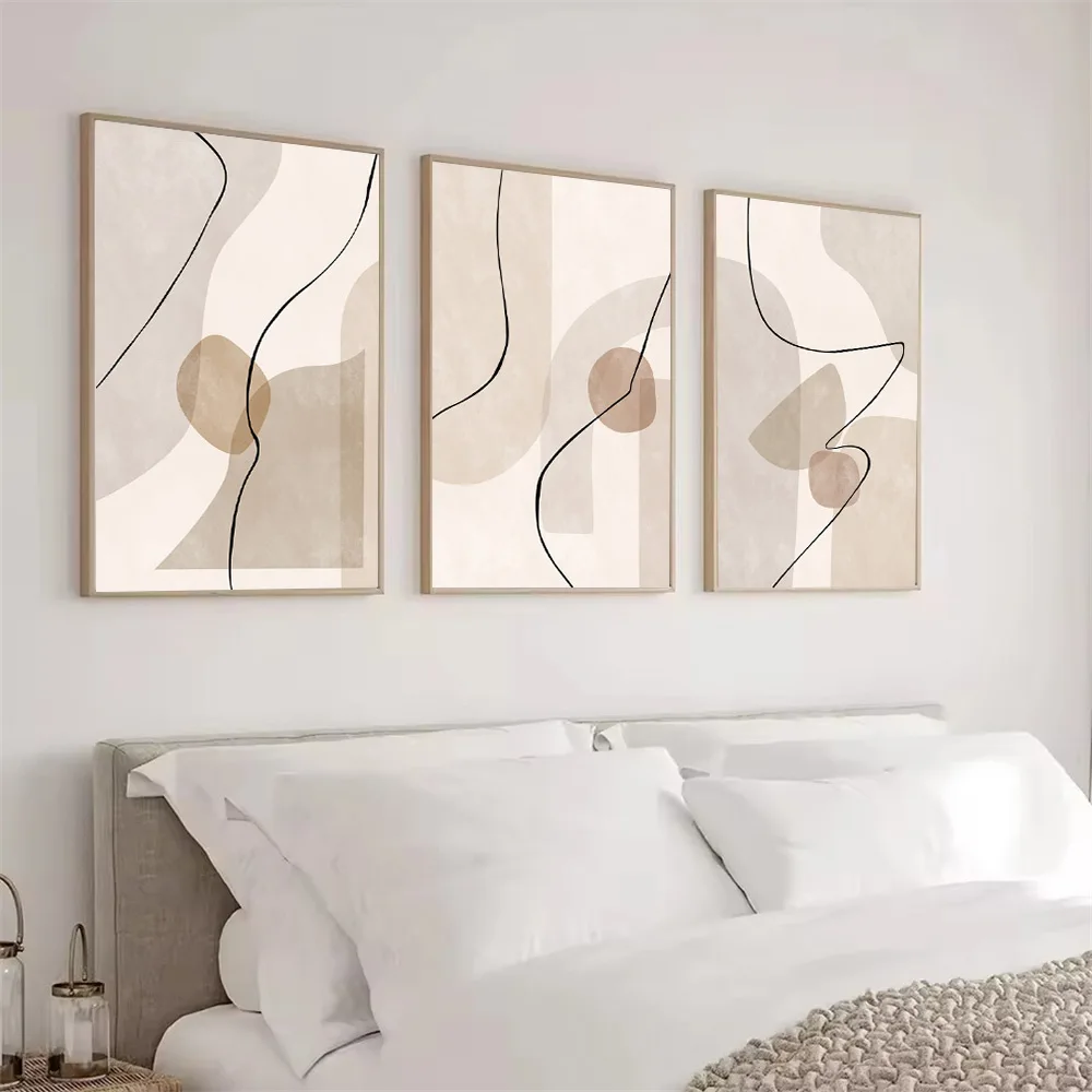 Abstract beige Geometry Line Wall Art Canvas Painting Pictures Boho ...