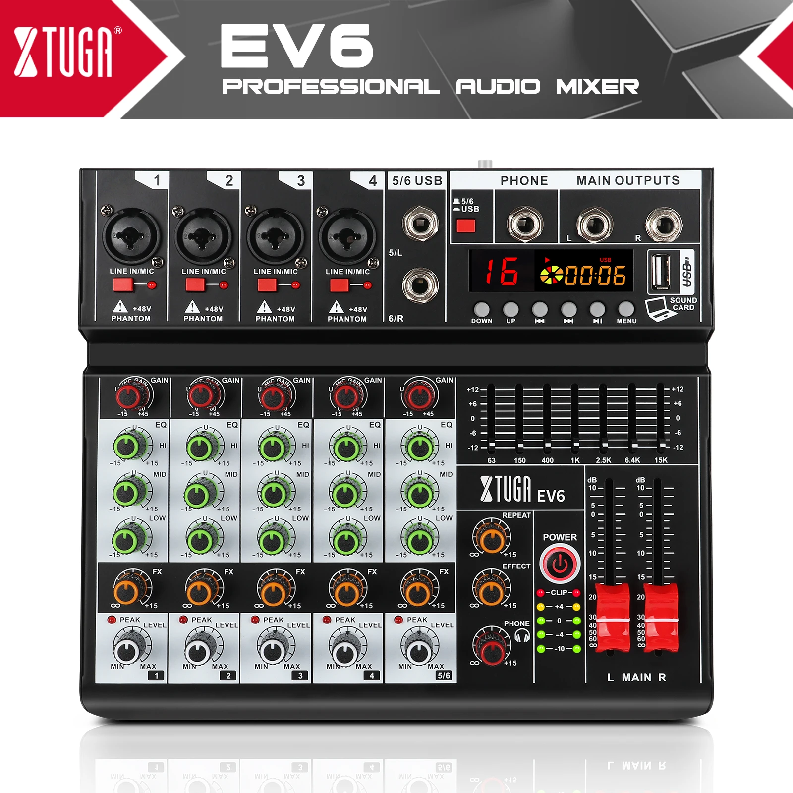 XTUGA EV6 프로페셔널 6 채널 오디오 믹서, 16 DSP 이펙트, 7 밴드 EQ,48V 팬텀 파워, 무대 용 USB 인터페이스 녹음| | - AliExpress