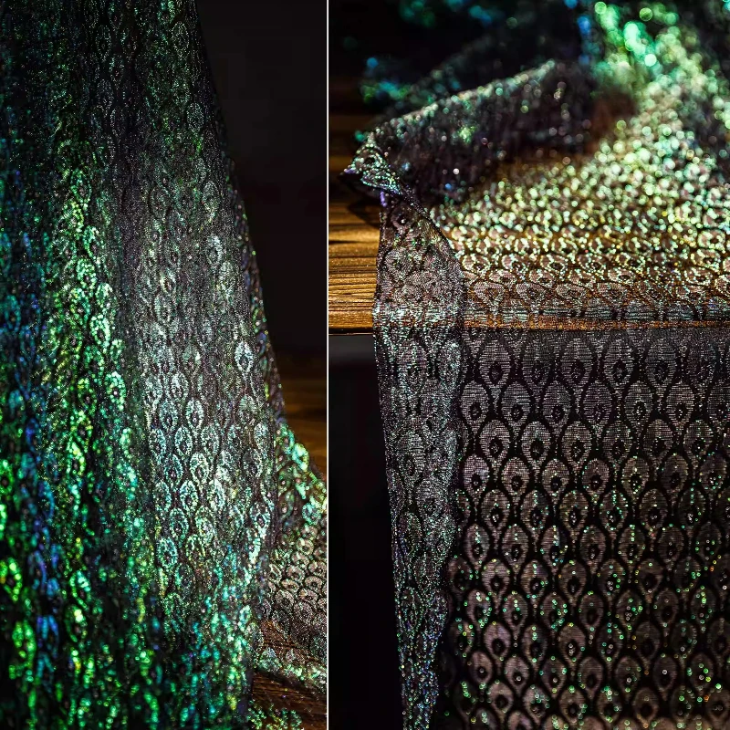 Black Blue Green Glowing Techy Peacock Flower Lightweight Mesh Fabric ...