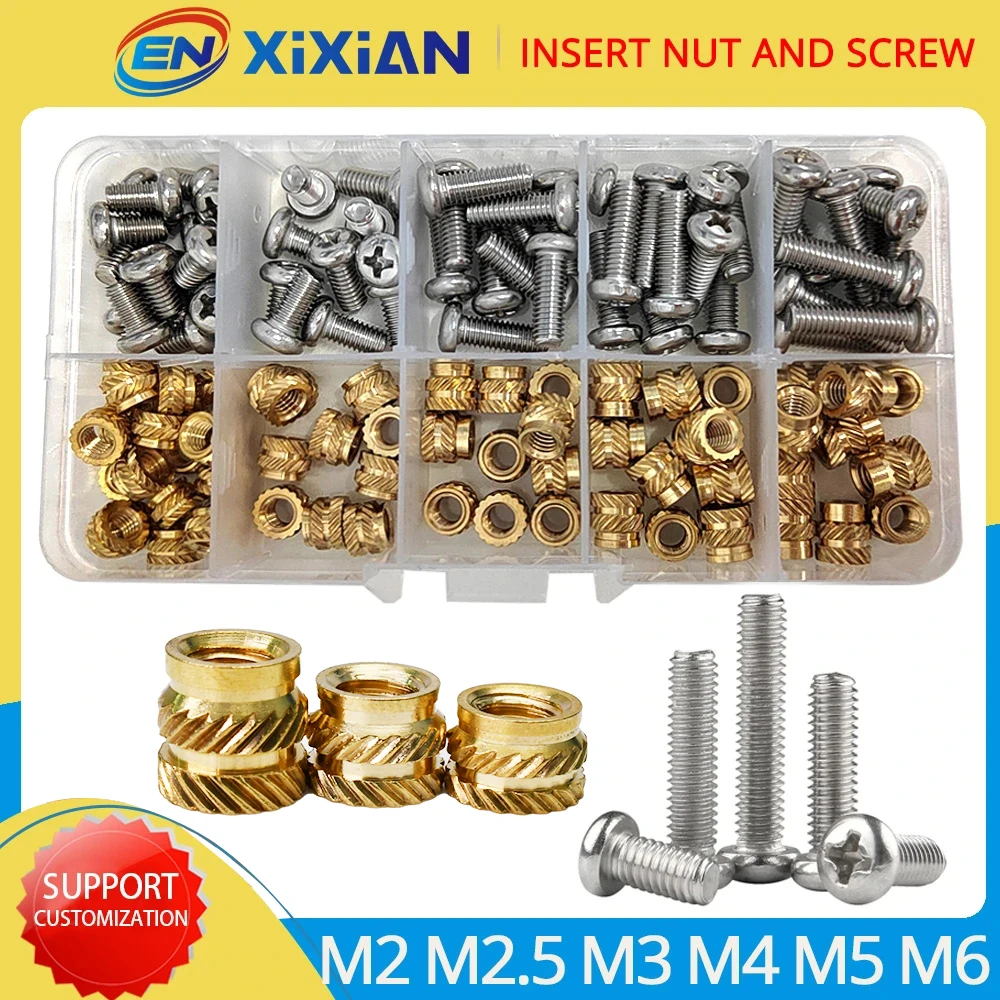 M2 M2.5 M3 M4 M5 M6 Brass Insert Nut and Screw Set Hot Knurled Thread Copper Nuts 304 Stainless ...