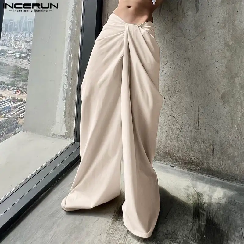 INCERUN Men Wide Leg Pants Solid Color Pleated Joggers Zipper Casual ...
